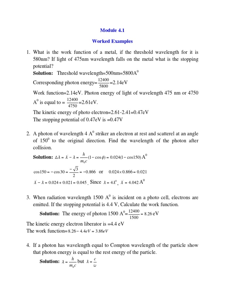 Solution: Threshold Wavelength 500nm 5800A: Worked Examples | PDF | Electronvolt | Photon