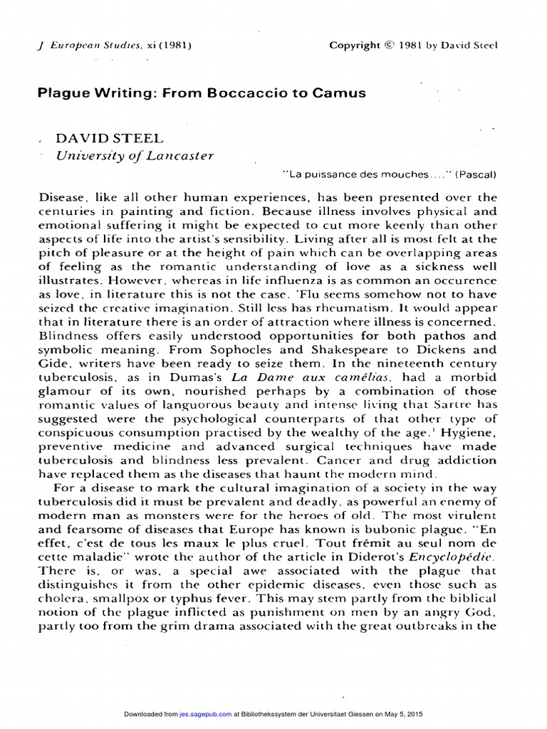 Steel1981.plague Writing From Boccaccio To Camus | PDF | Wellness | Medical