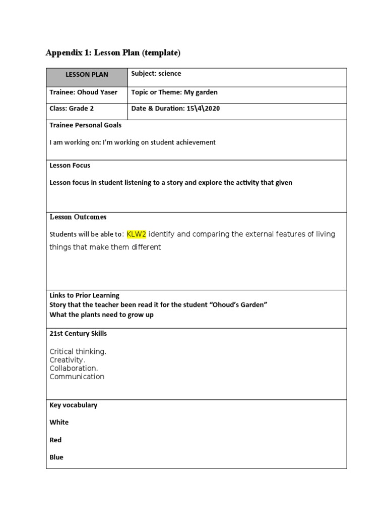 Appendix 1: Lesson Plan (Template) : I Am Working On: I'm Working On ...