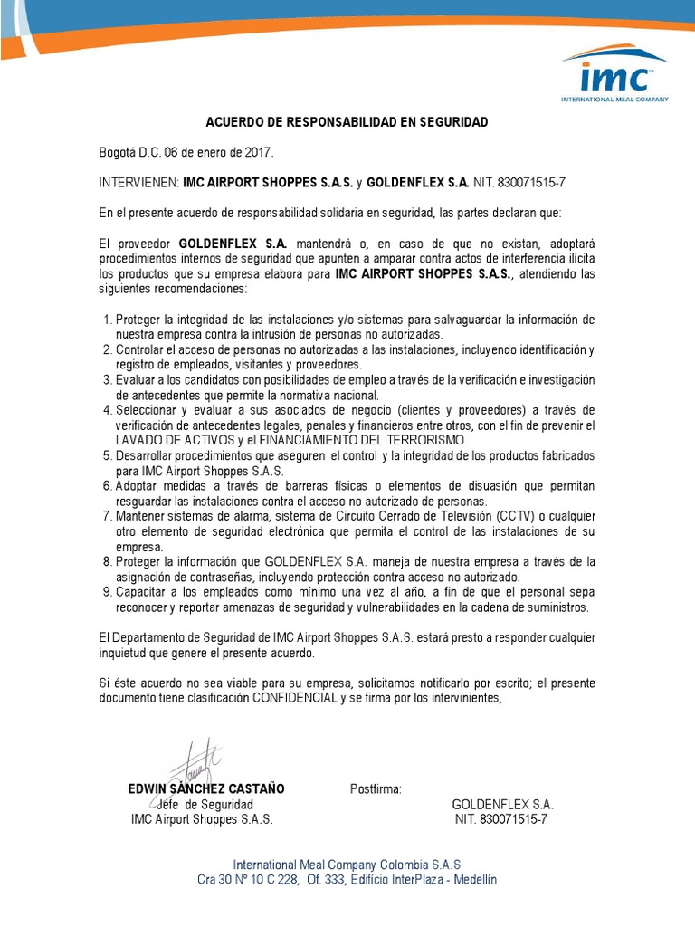 Acuerdo de Seguridad GOLDENFLEX S.A. 2017 | PDF | Informática y tecnología de la información ...