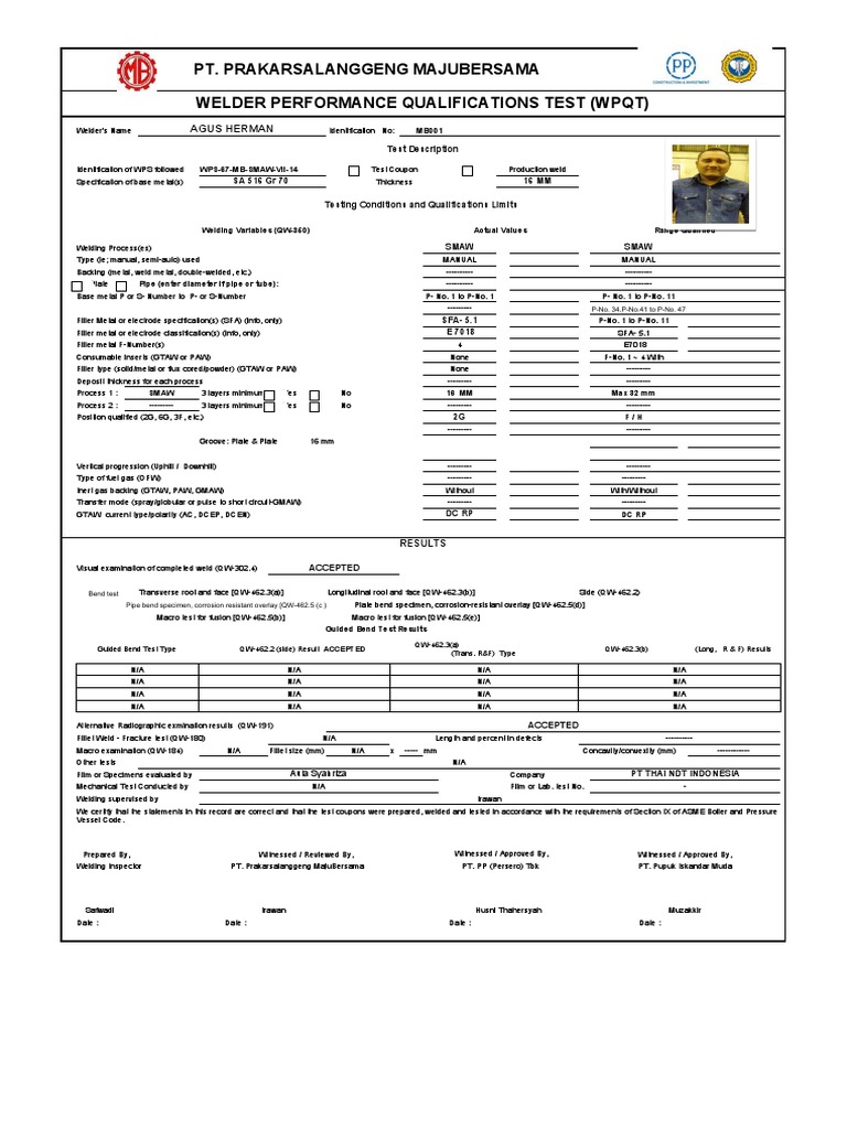 Pt. Prakarsalanggeng Majubersama Welder Performance Qualifications Test ...