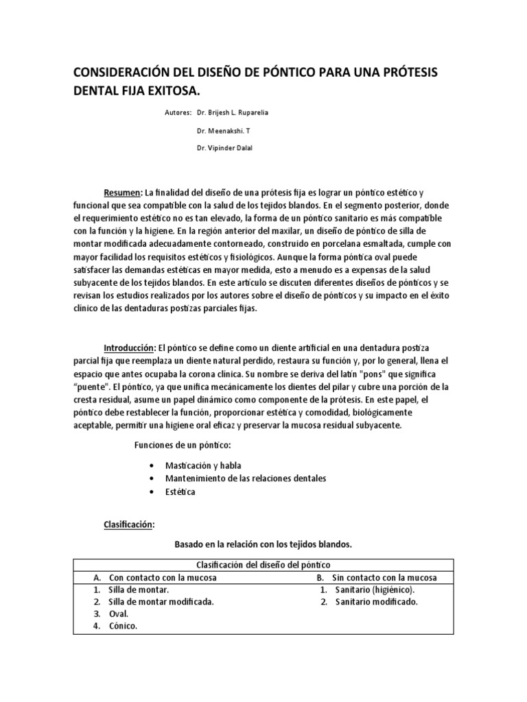 Diseño de Pónticos en Prótesis Dental | PDF | Dentadura postiza | Boca