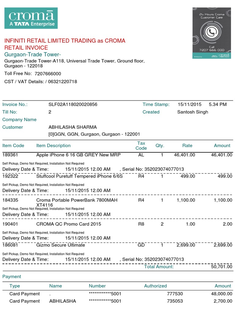 Retail Invoice Infiniti Retail Limited Trading As Croma: Gurgaon-Trade ...