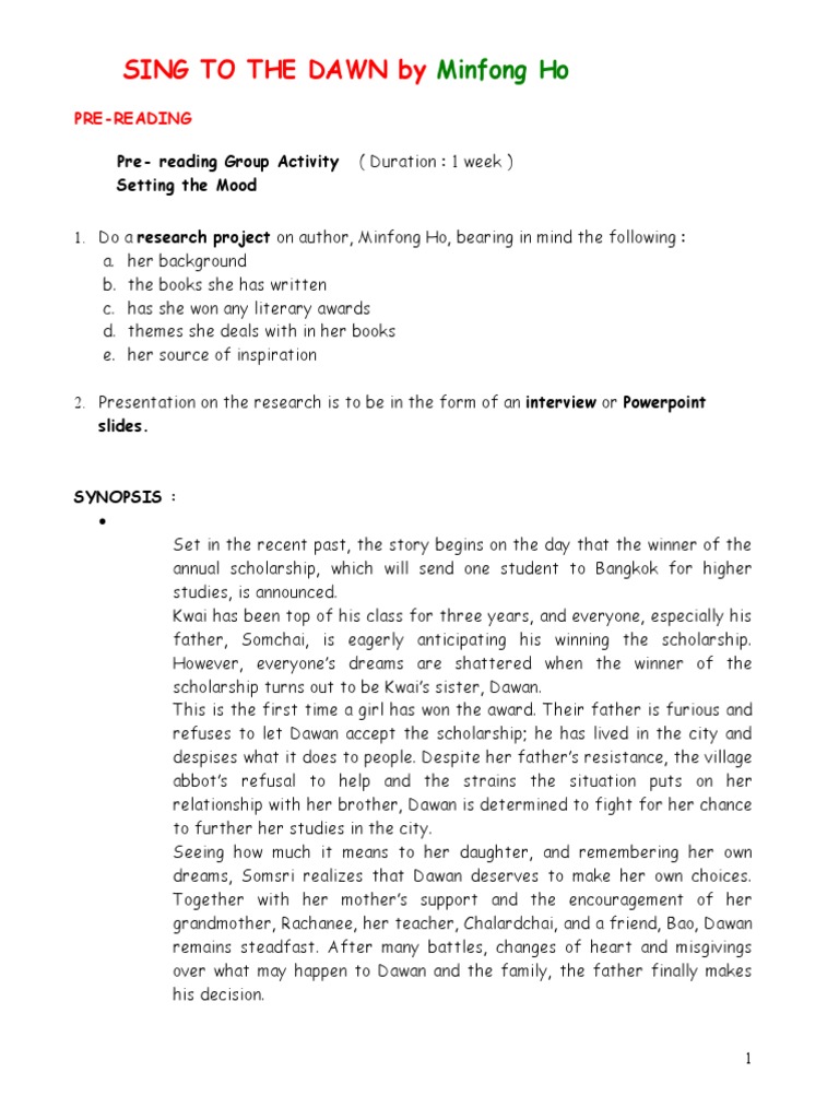 Sing To The Dawn Worksheets | PDF