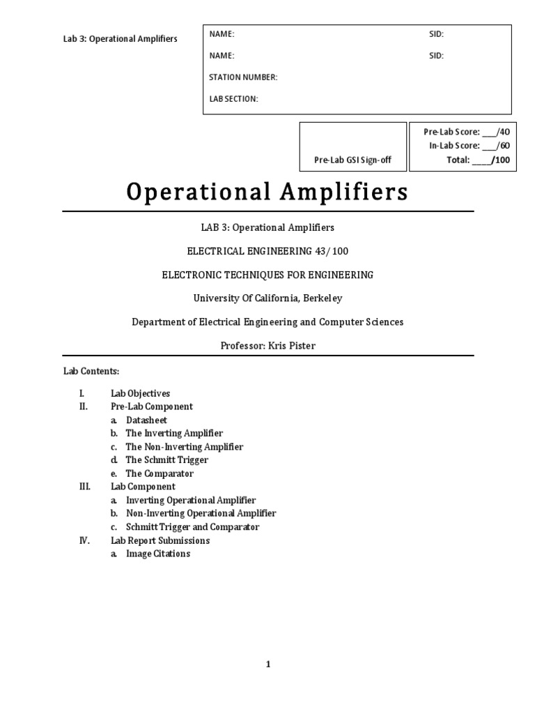 Operational Amplifiers: Name: Sid: Name: Sid: Station Number: Lab ...