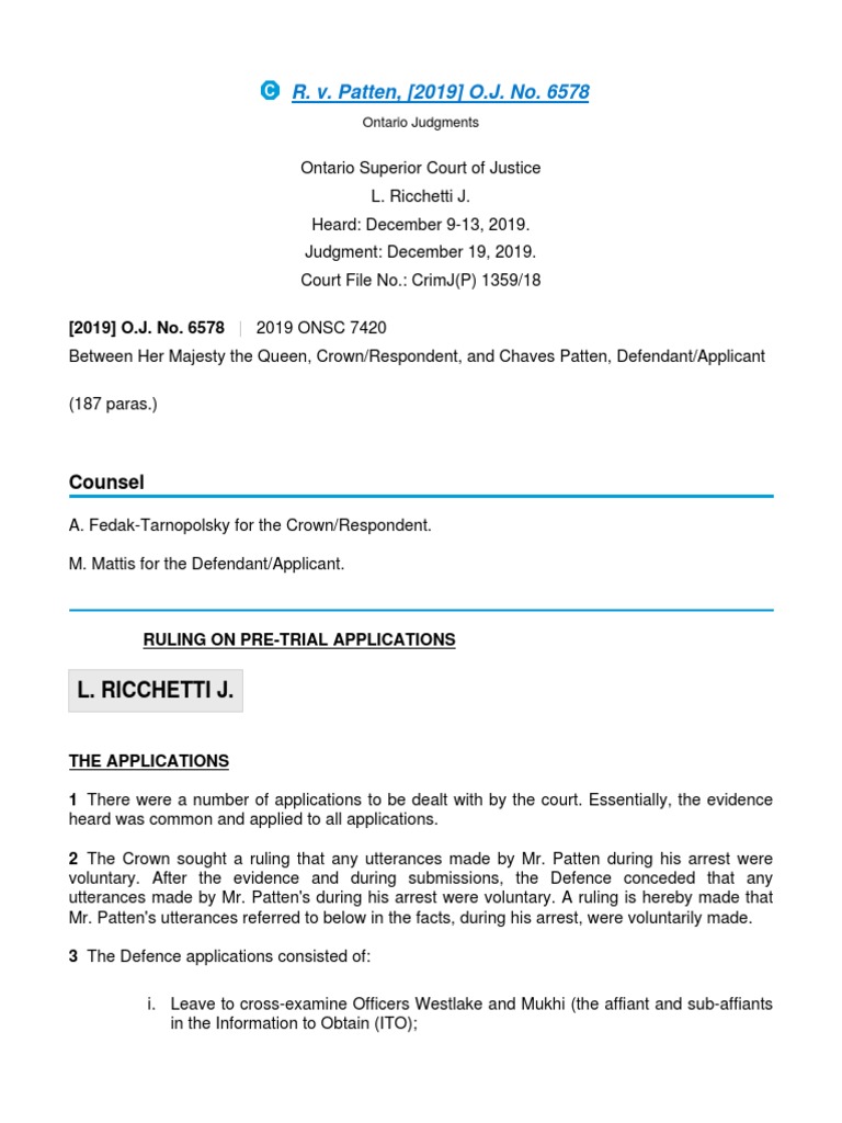 R. v. Patten, (2019) O.J. No. 6578 | PDF | Burden Of Proof (Law ...