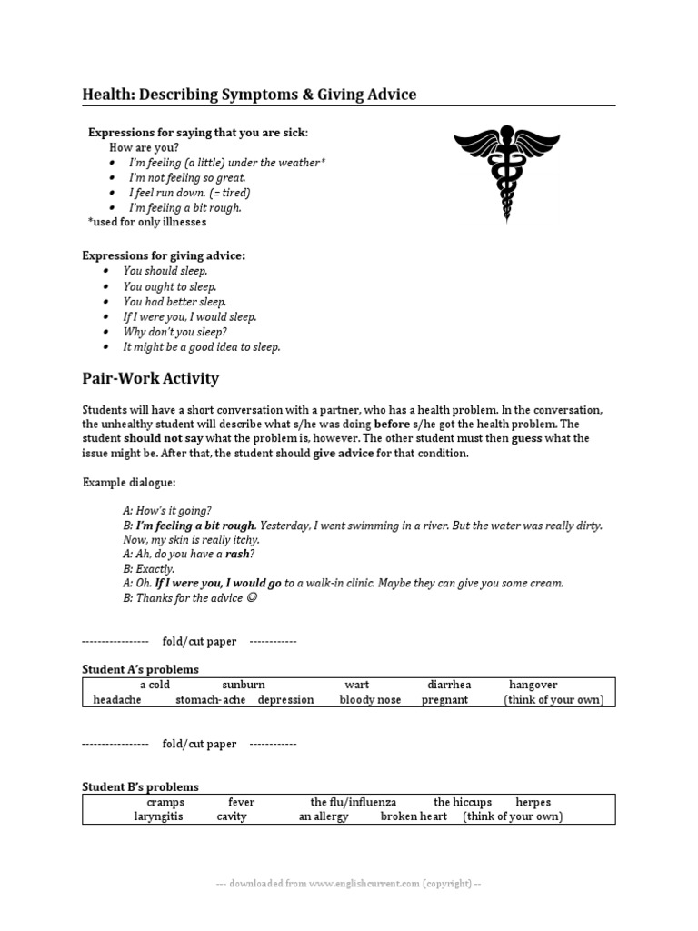 Health: Describing Symptoms & Giving Advice: Expressions For Saying ...