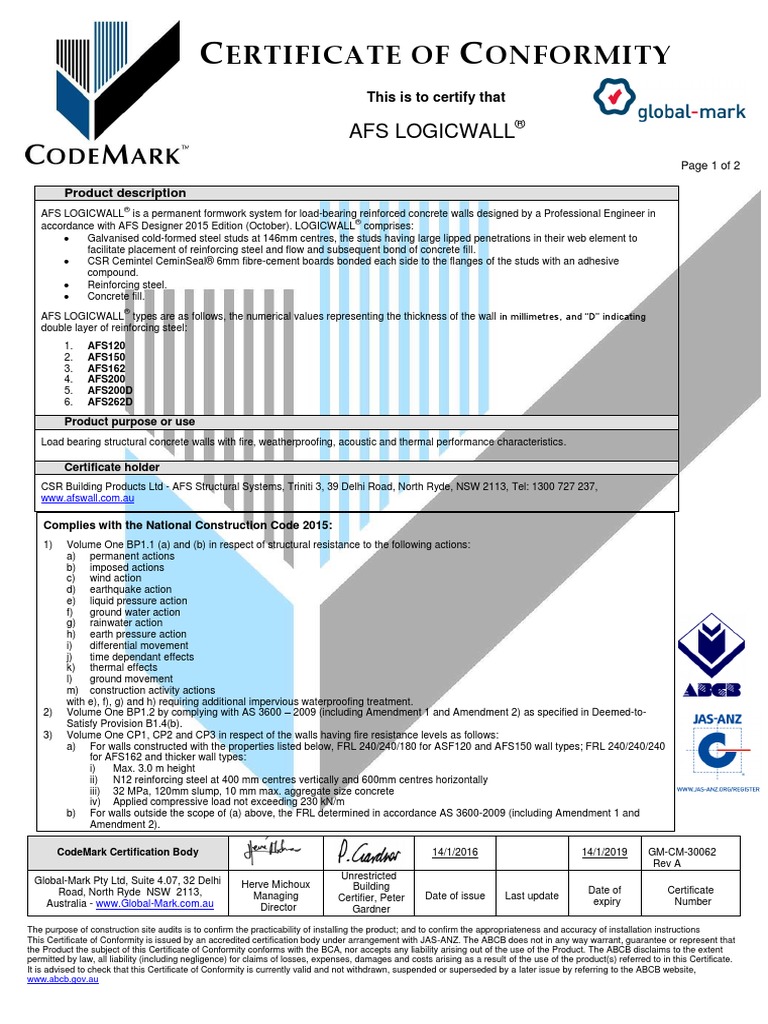 AFS LOGICWALL® CodeMark Certification PDF | PDF | Concrete | Building Engineering