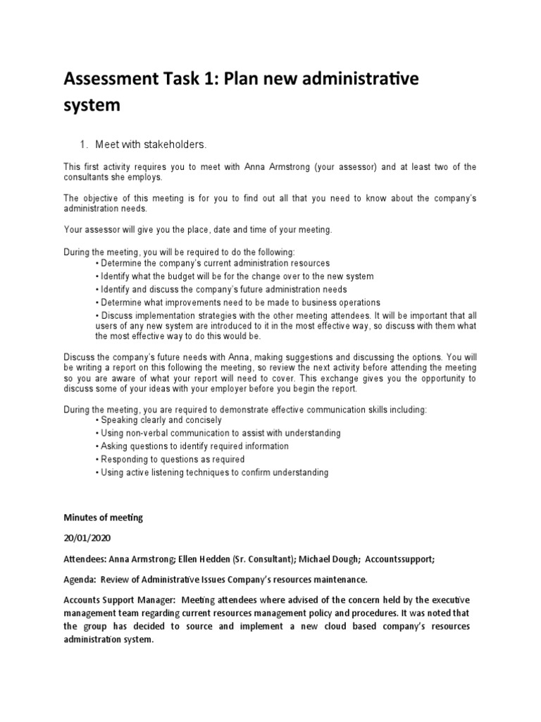 Assessment Task 1: Plan New Administrative System: 1. Meet With ...