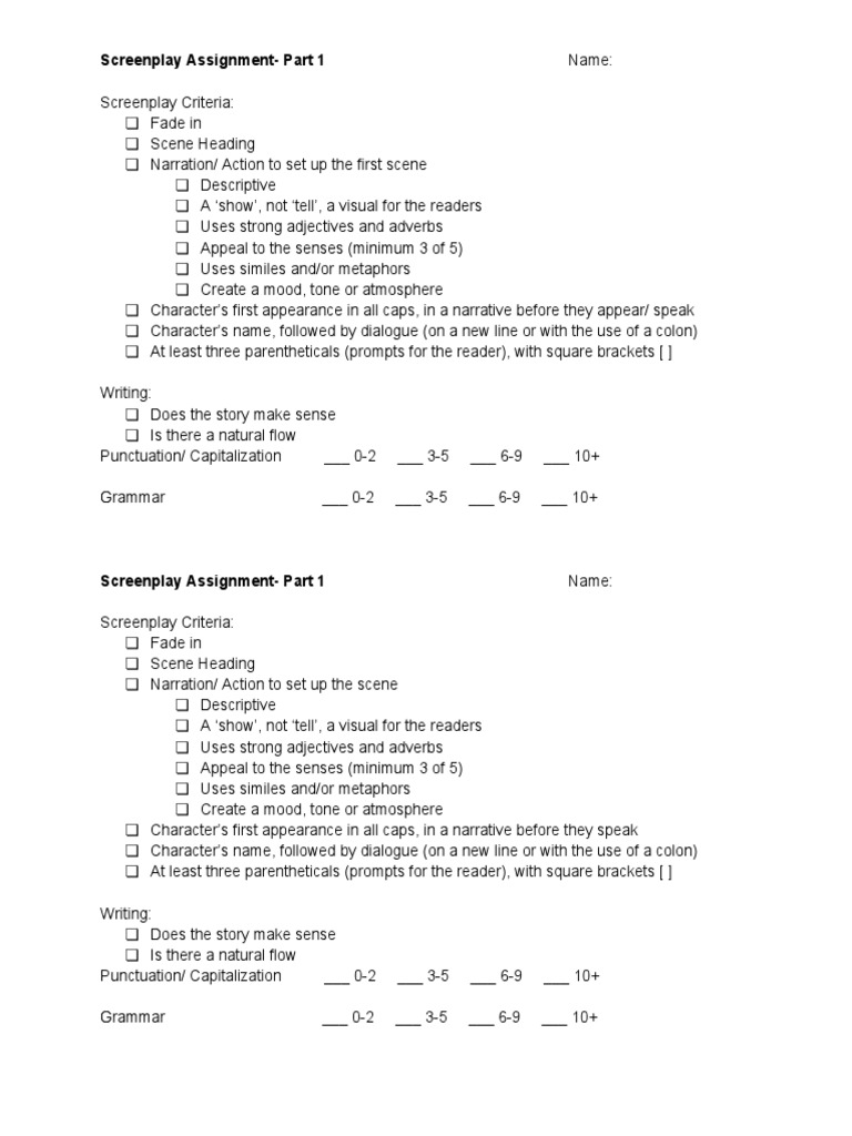 Screenplay Rubric Checklist | PDF