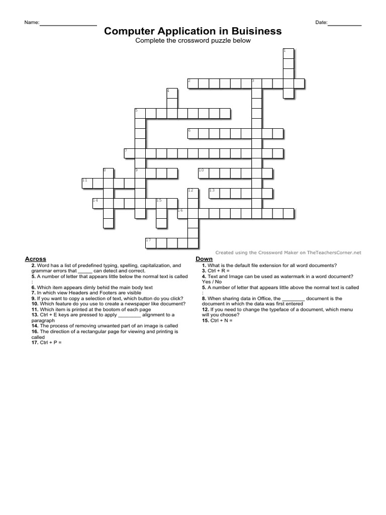 Computer Application in Buisiness: Complete The Crossword Puzzle Below ...