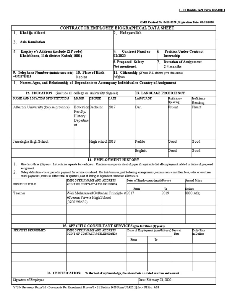 USAID Contractor Biodata Form | PDF | United States Agency For ...