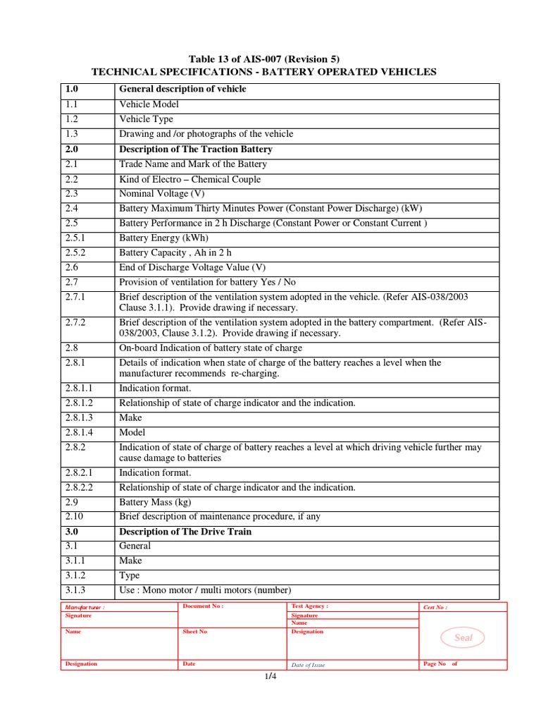Table 13 of AIS-007 (Revision 5) Technical Specifications - Battery ...
