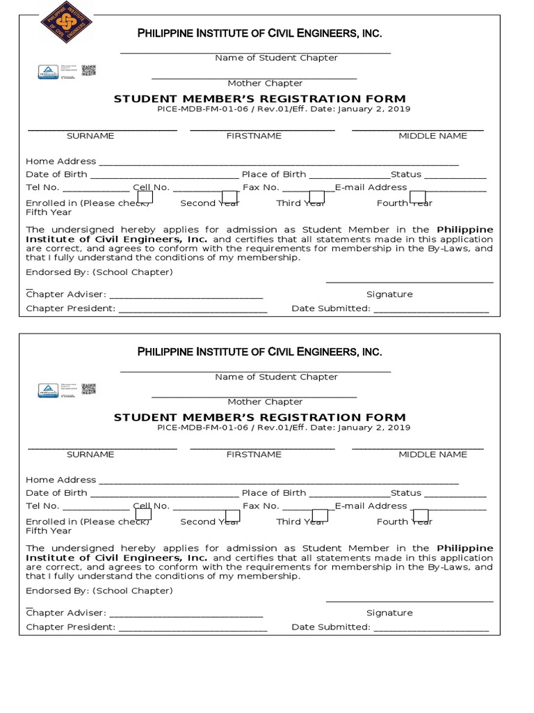 PICE Student Membership Registration Form | PDF | Government