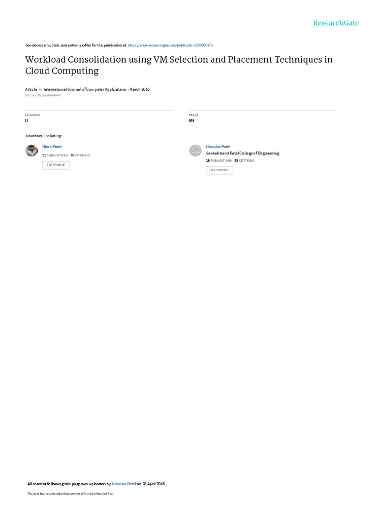 Workload Consolidation Using VM Selection and Plac PDF | PDF | Virtualization | Cloud Computing