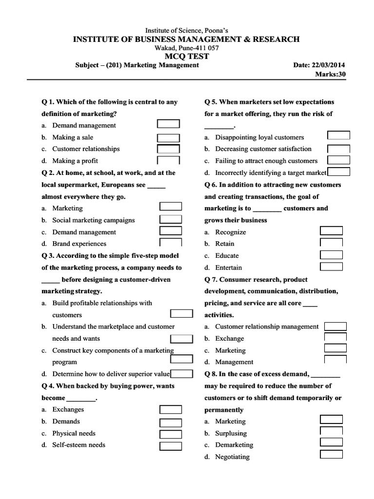 Marketing Management MCQ Question Paperdocx | PDF | Customer | Marketing