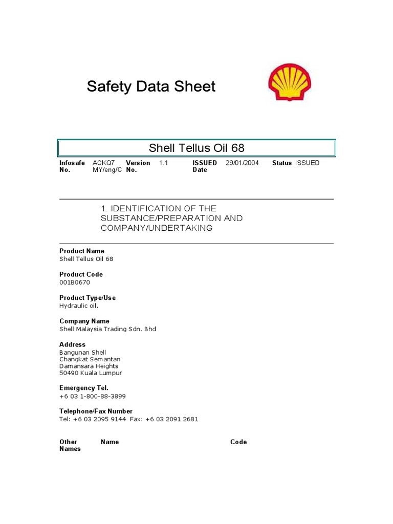 Safety Data Sheet: Shell Tellus Oil 68 | PDF | Dangerous Goods | Toxicity