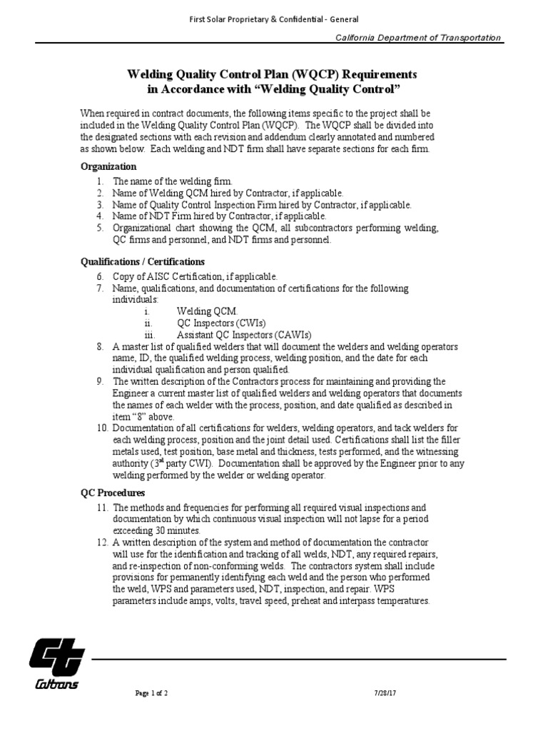 Welding Quality Control Plan (WQCP) Requirements in Accordance With ...