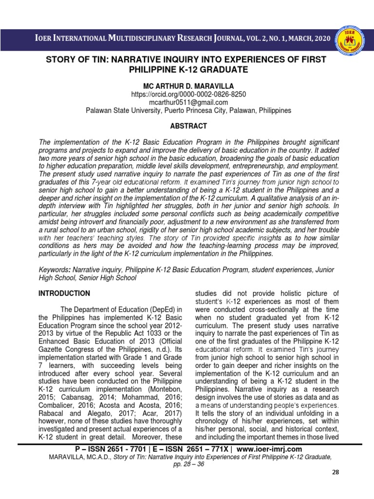 Story of Tin: Narrative Inquiry Into Experiences of First Philippine K ...
