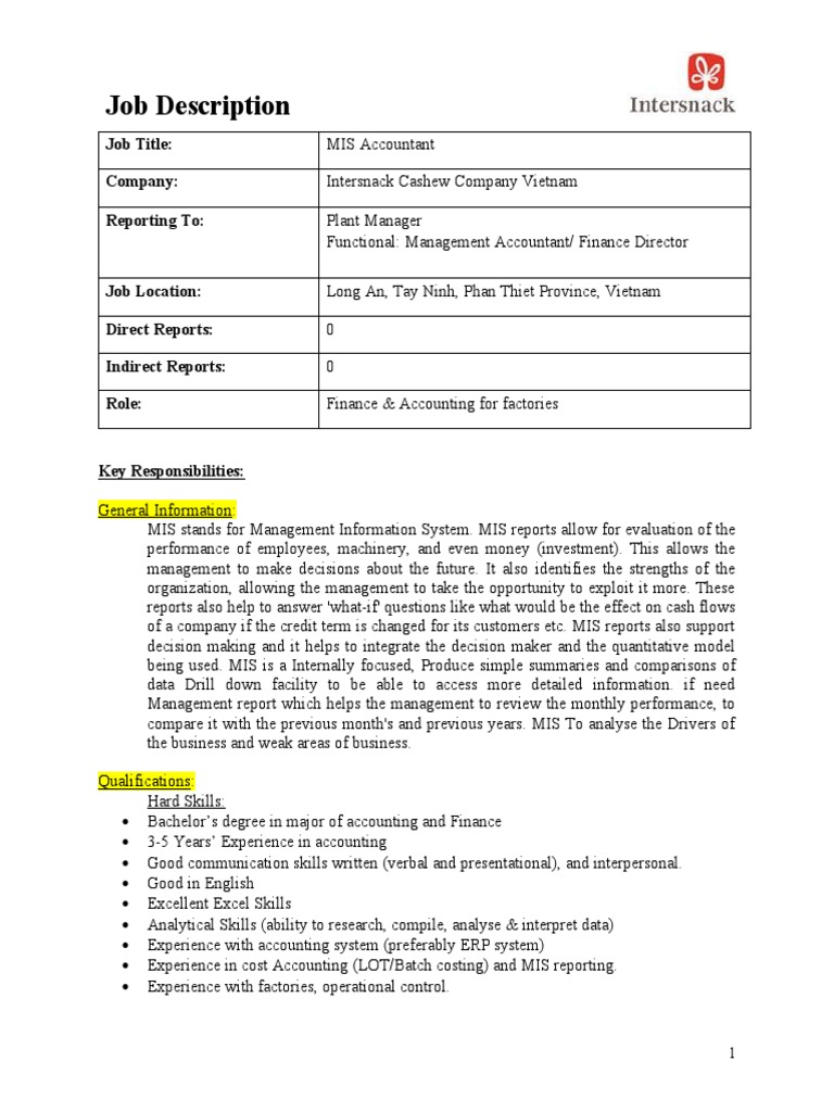 Management Information System (MIS) Accountant: Job Description for ...