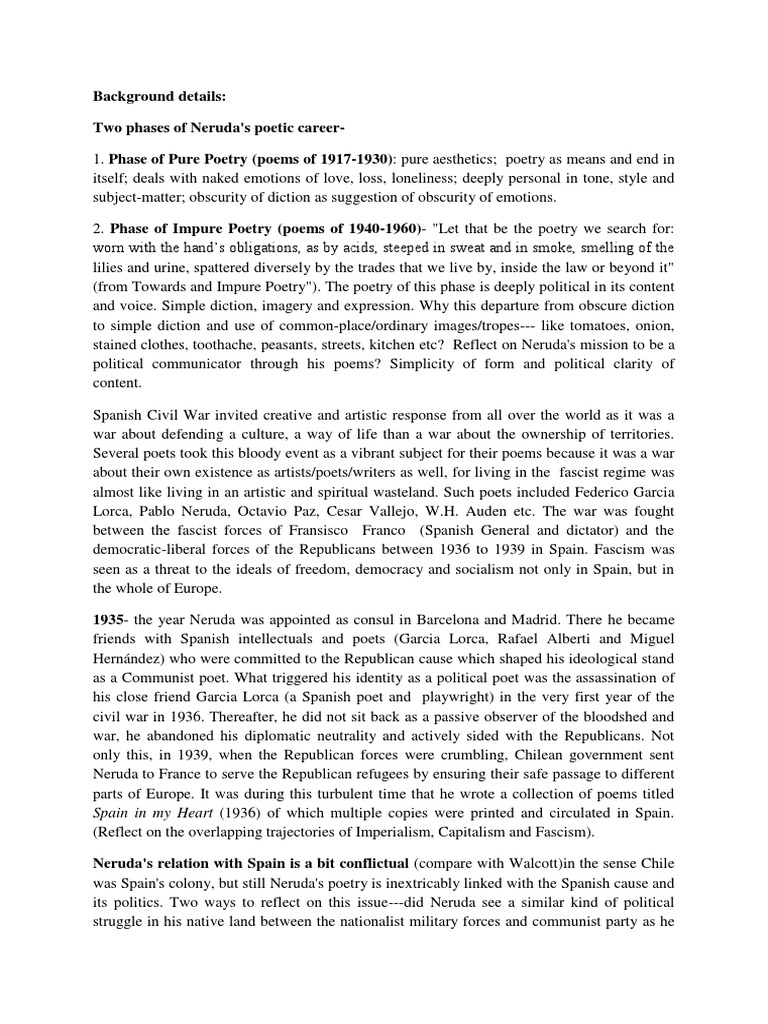 Classnotes On Neruda and Spain PDF | PDF | Poetry