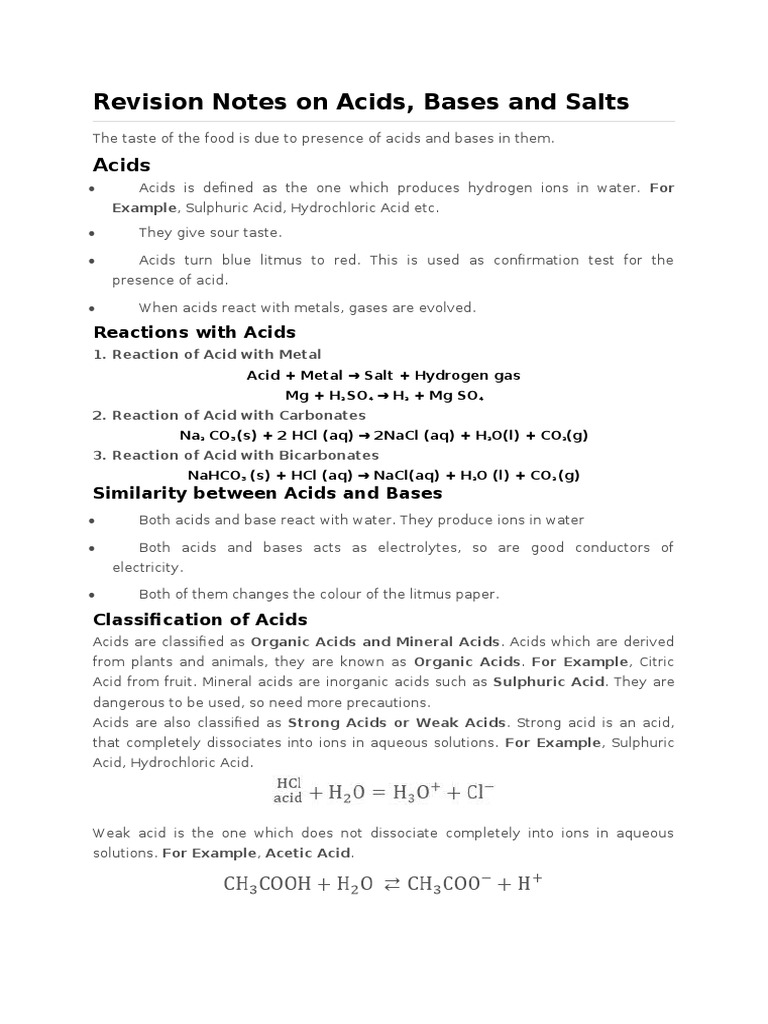 Revision Notes On Acids | PDF | Dissociation (Chemistry) | Acid