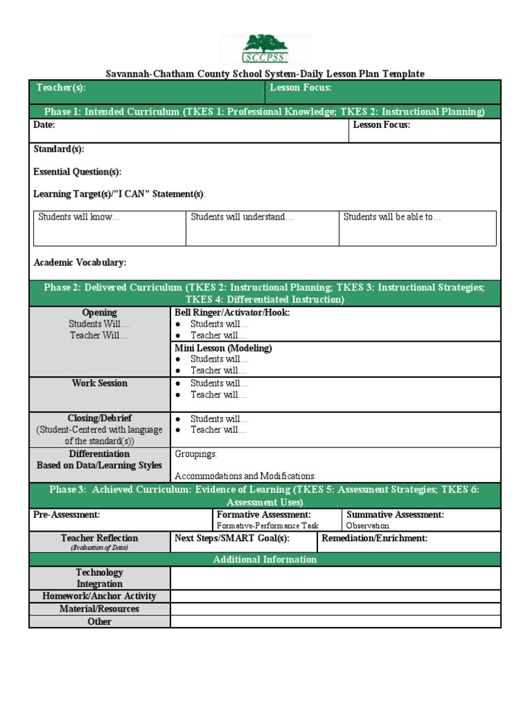 Savannah-Chatham County School System-Daily Lesson Plan Template | PDF