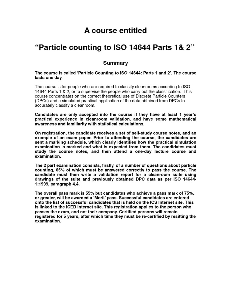 A Course Entitled "Particle Counting To ISO 14644 Parts 1& 2" | PDF