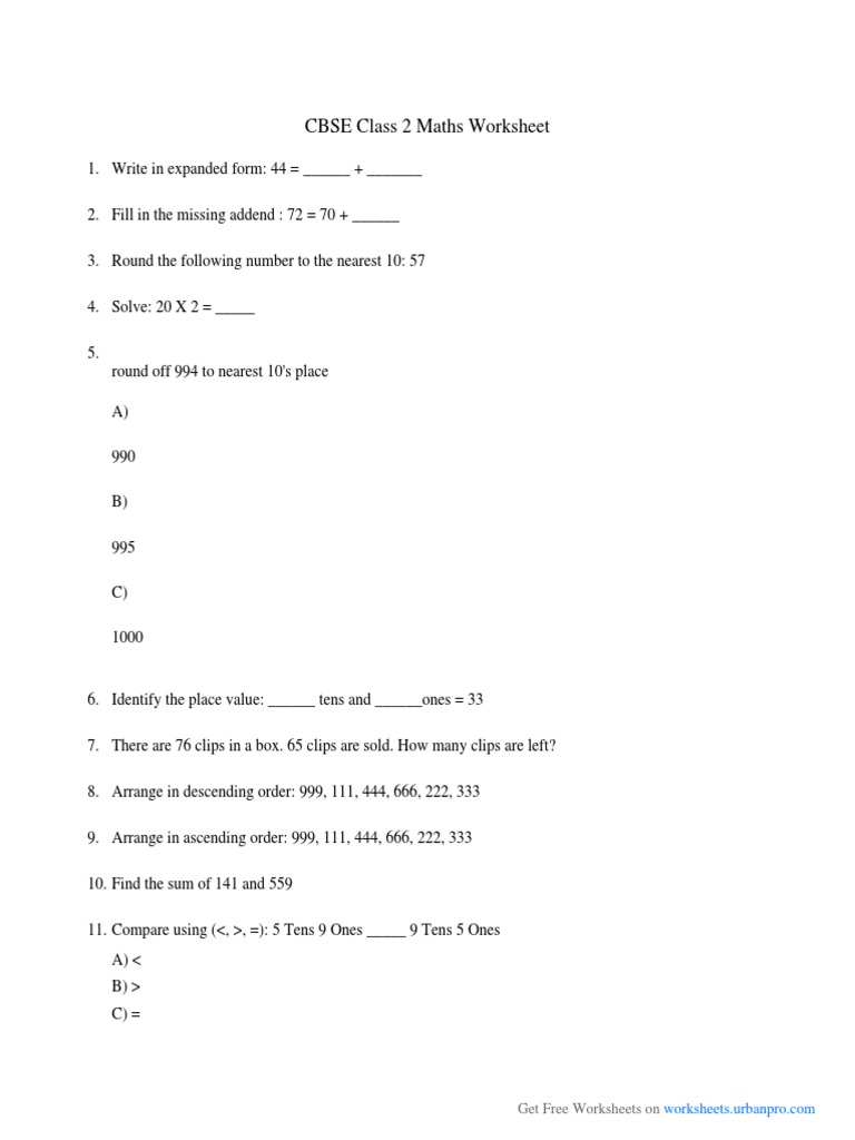 CBSE Class 2 Maths Worksheet: Get Free Worksheets On | PDF | Teaching ...