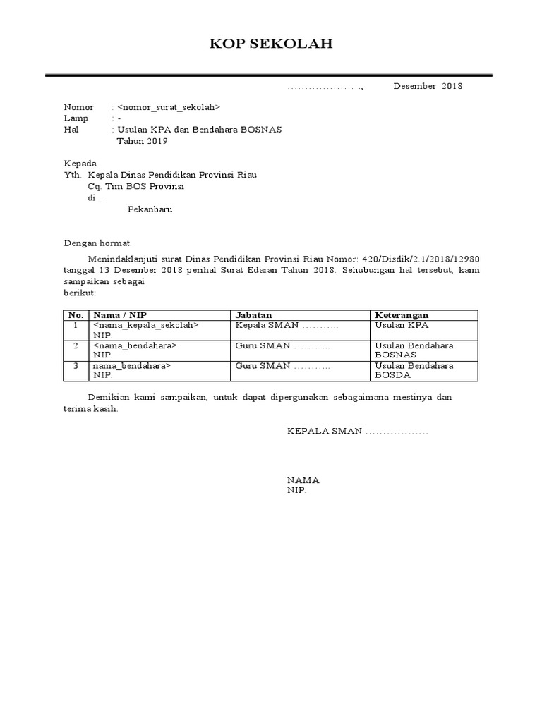 Format Usulan Kpa Dan Bendahara Th. 2019 | PDF