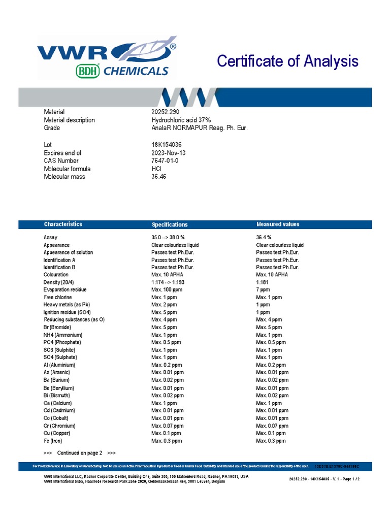 Certificate of Analysis: Characteristics Specifications Measured Values ...
