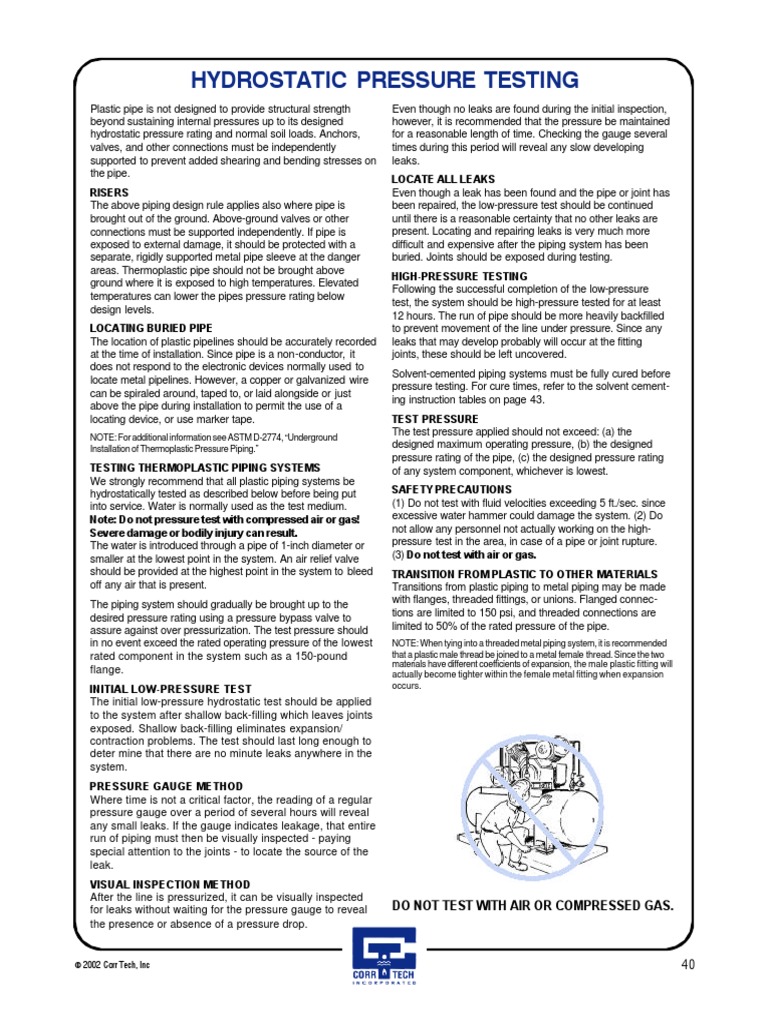 Hydrostatic Pressure Testing of Plastic Piping Systems | PDF | Pipe ...