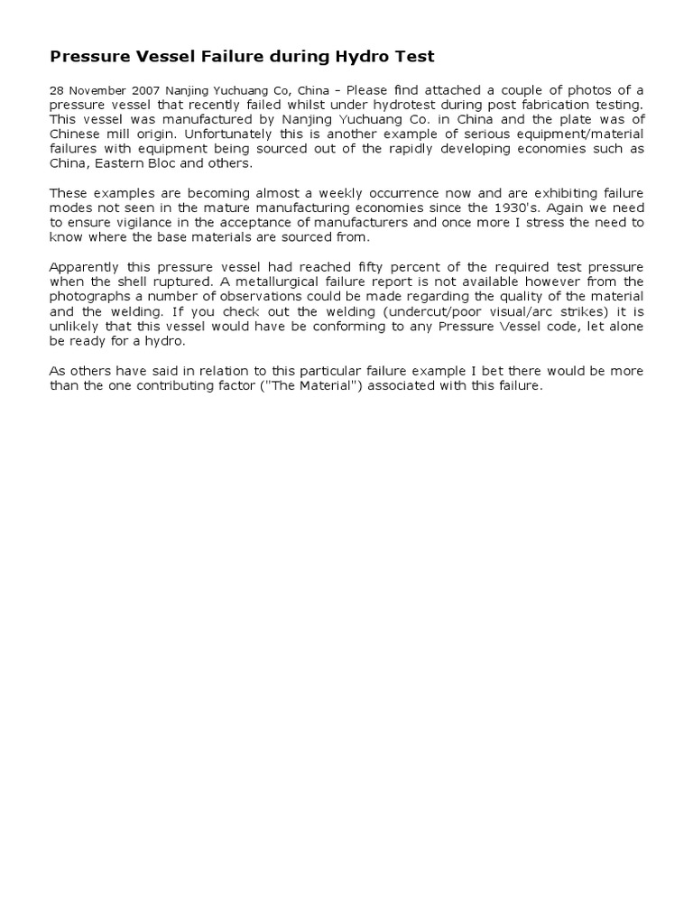 Pressure Vessel Failure During Hydro Test PDF | PDF