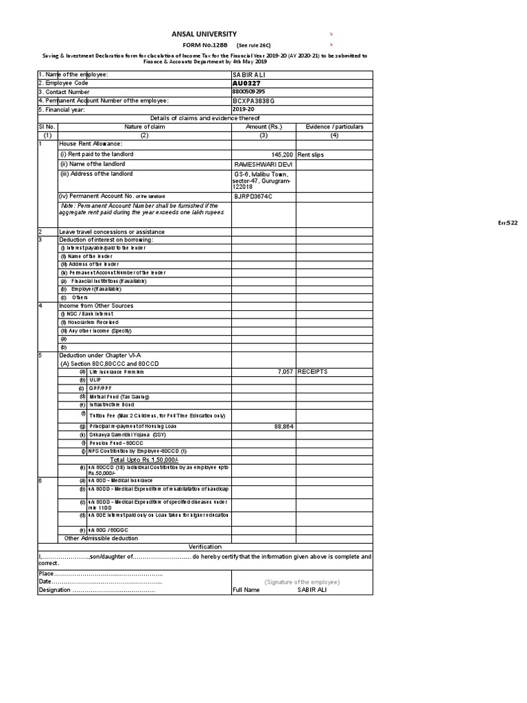 Form-12BB 2019-20 | PDF | Interest | Life Insurance