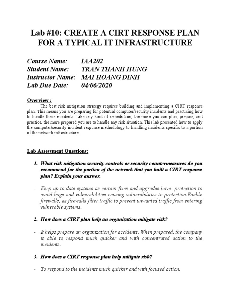 Lab #10: Create A Cirt Response Plan For A Typical It Infrastructure ...