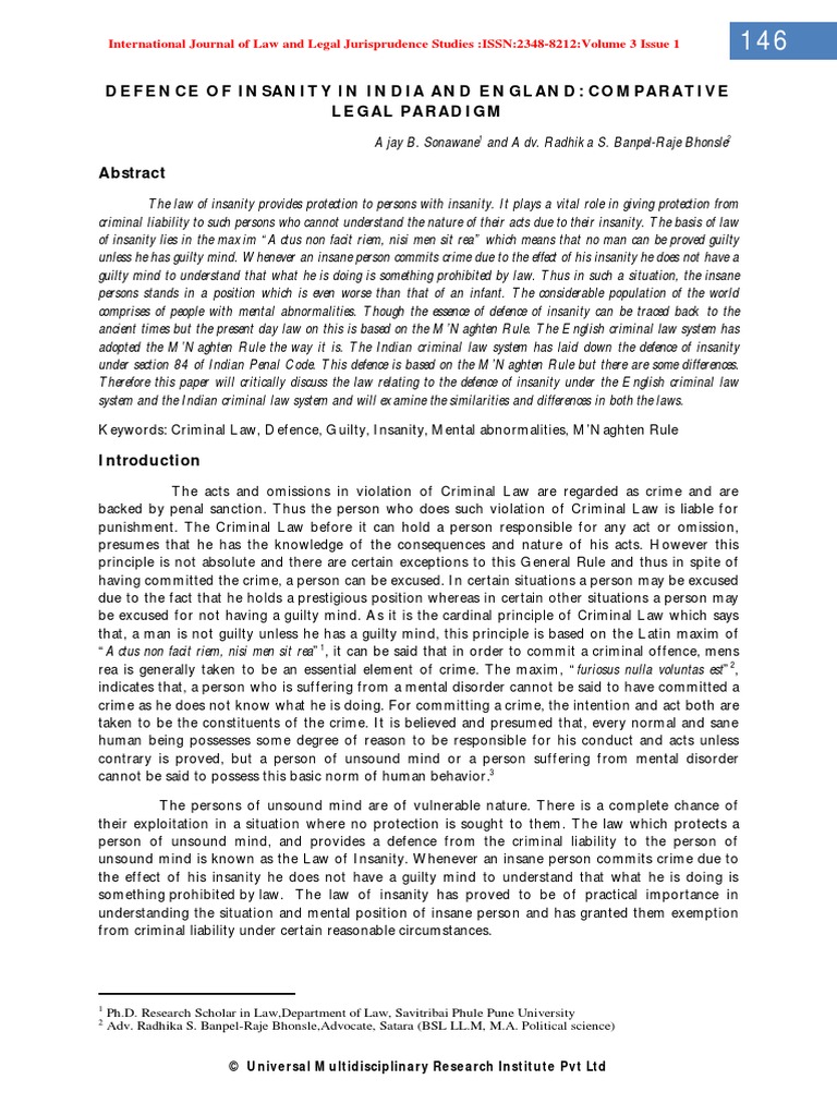 Defence of Insanity in India and England: Comparative Legal Paradigm ...