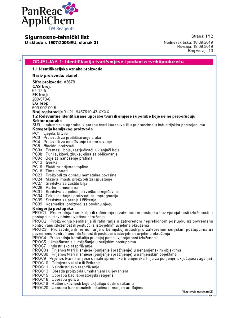 Sigurnosno-Tehnički List Etanol PDF | PDF