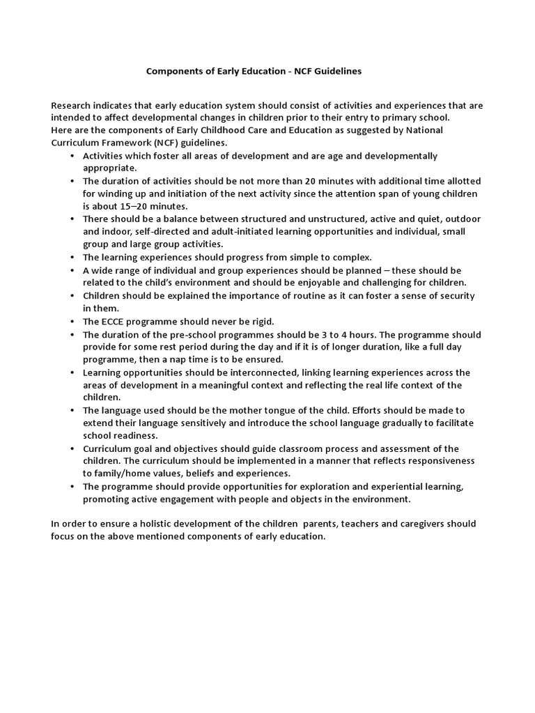Components of Early Education - NCF Guidelines | PDF | Early Childhood ...
