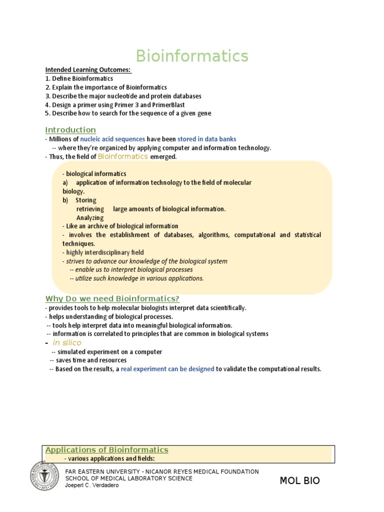 Bioinformatics: Intended Learning Outcomes | PDF | Bioinformatics | Nucleic Acid Sequence