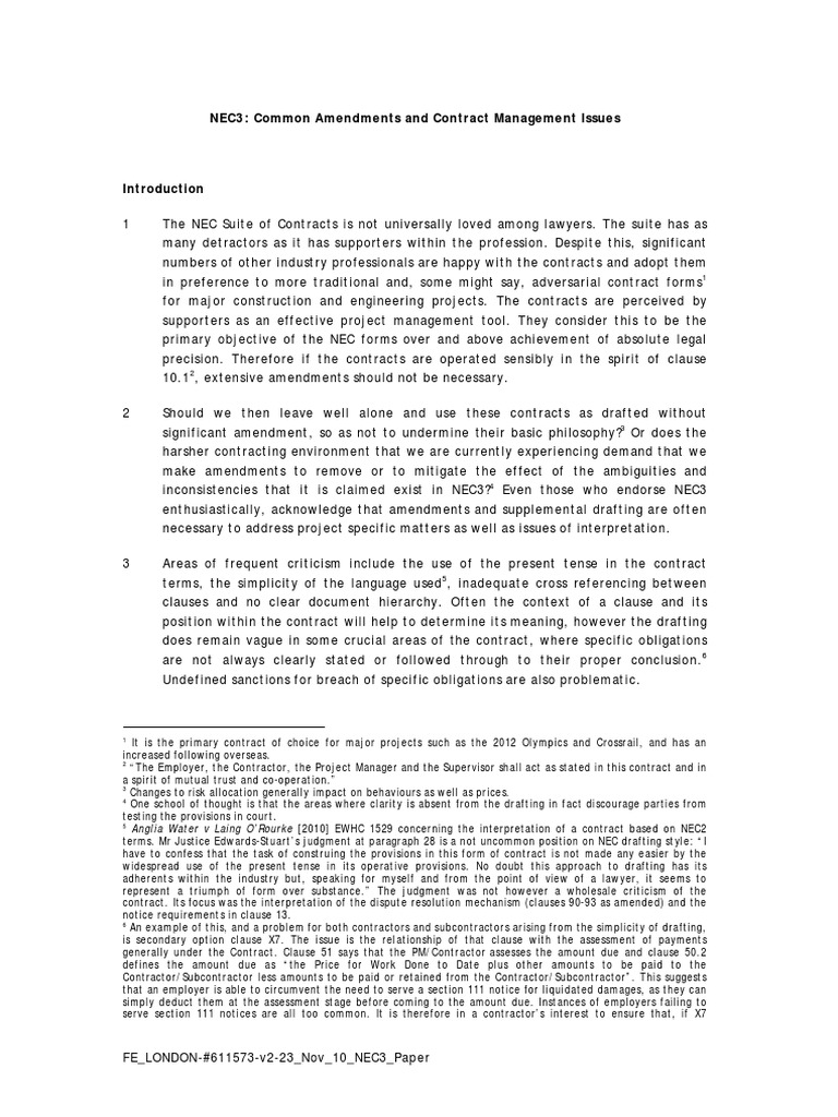 Nec3 Issues Revisions 231110 PDF | PDF | Indemnity | Insurance