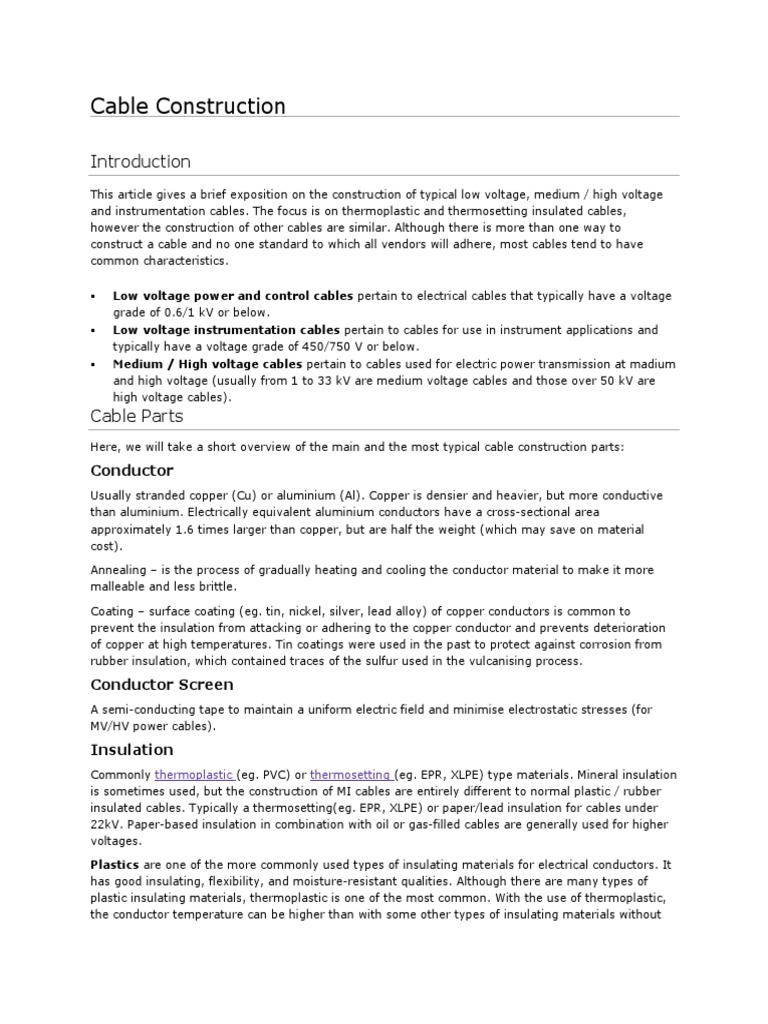 Cable - Construction Ver 2 | PDF | Insulator (Electricity) | Wire