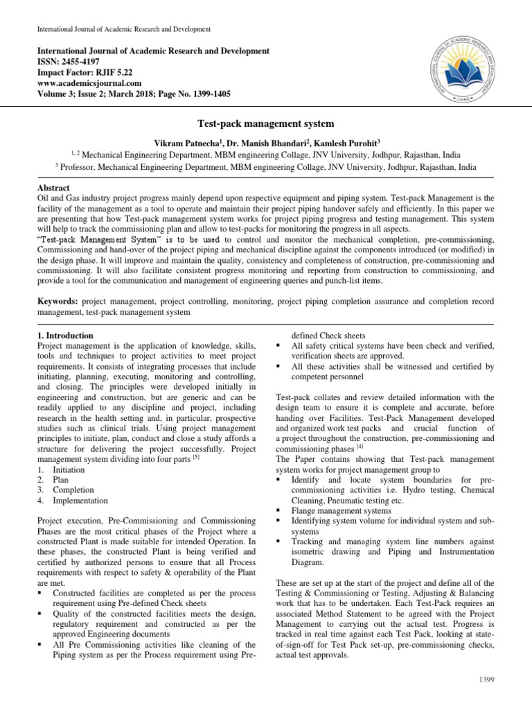 An Overview of Test-Pack Management Systems for Monitoring Piping ...