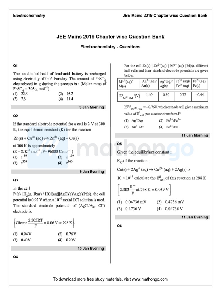 JEE Mains Electrochemistry Q&A | PDF