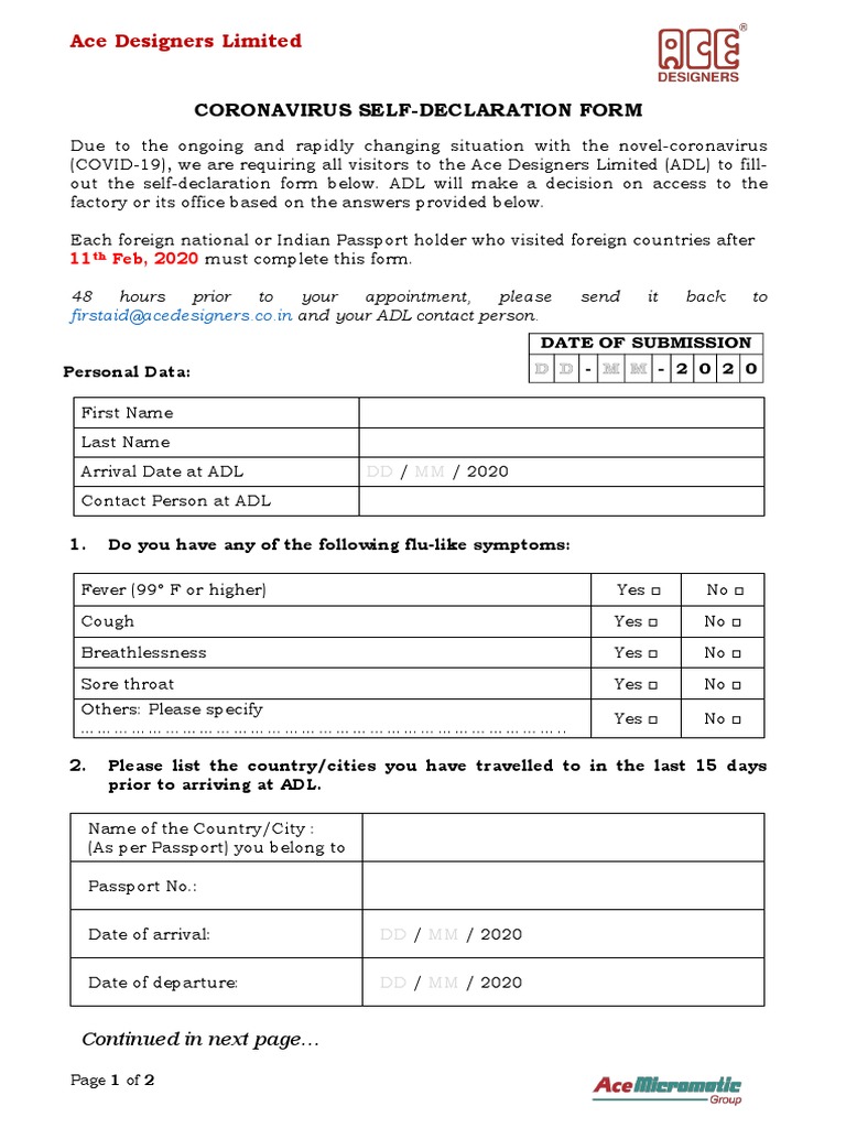 Coronavirus Self-Declaration Form: Ace Designers Limited | PDF | Public ...