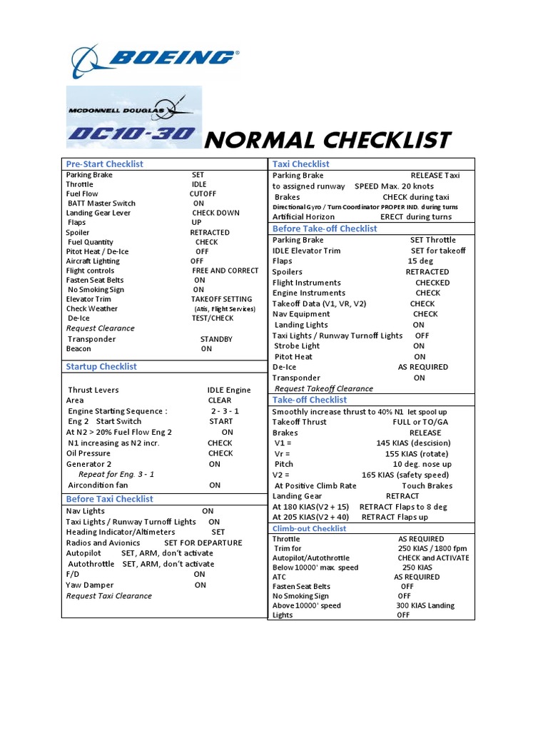 Dc10 Checklist | PDF | Takeoff | Aviation