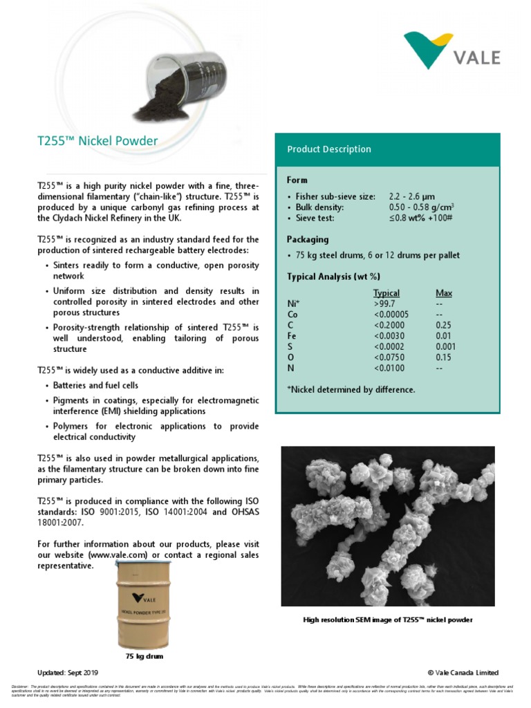 T255™ Nickel Powder: Product Description | PDF | Nickel | Sintering