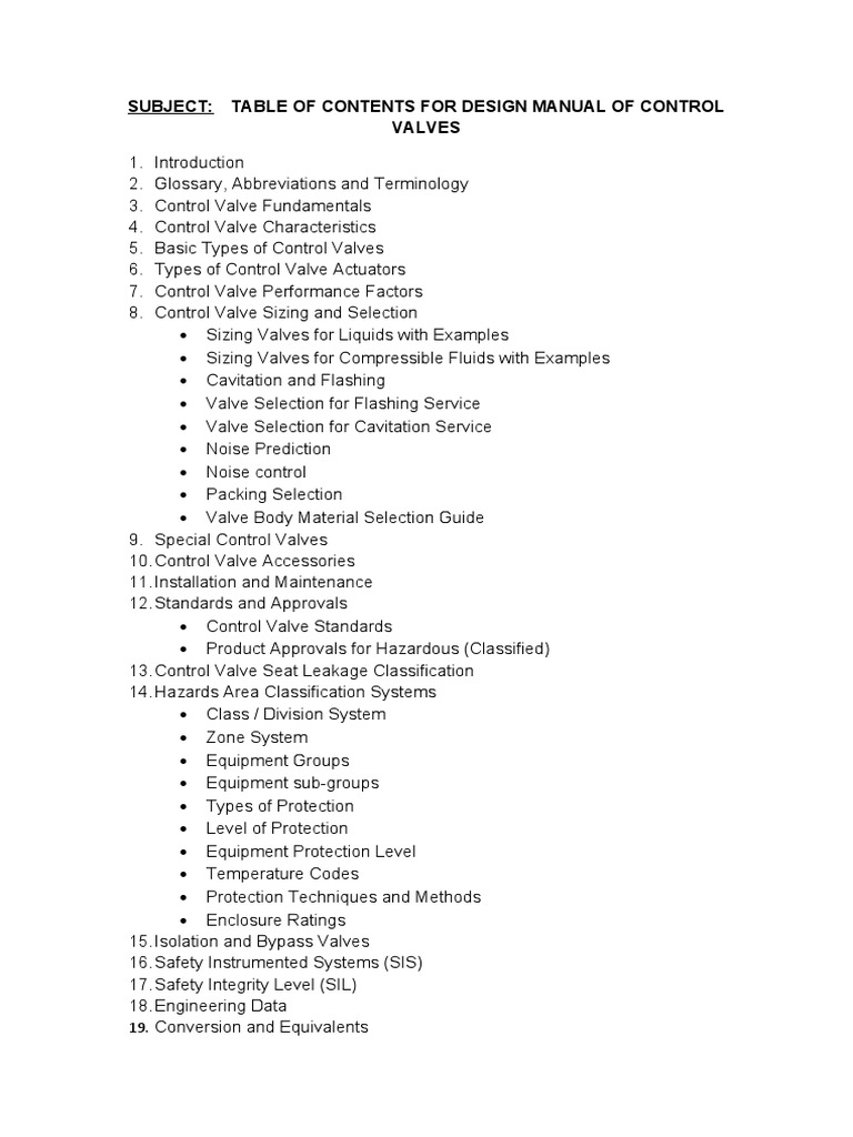 Table of Contents For Control Valves Design Manual | PDF