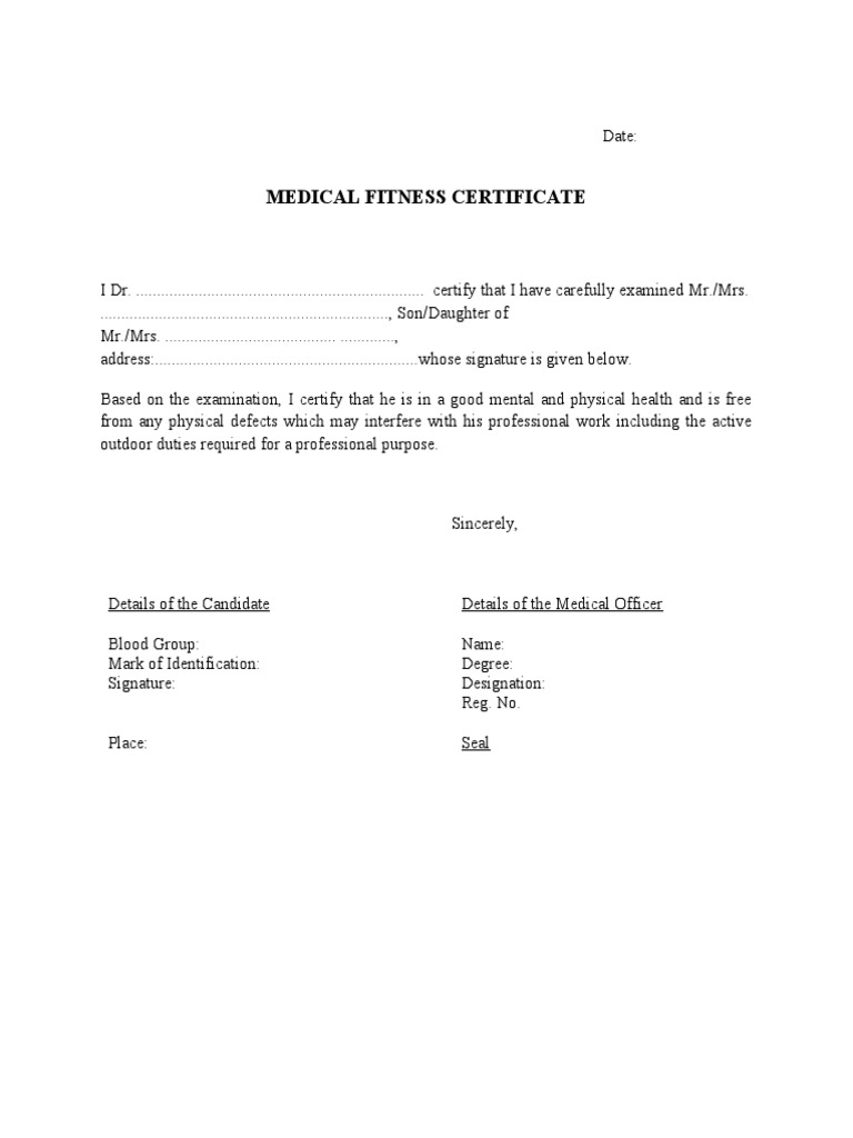 Medical Fitness Certificate | PDF