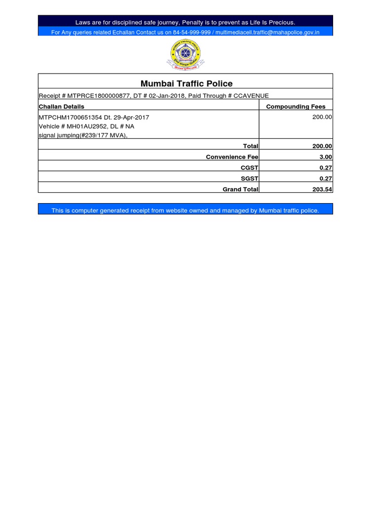 Mumbai Traffic Police: Receipt # MTPRCE1800000877, DT # 02-Jan-2018 ...