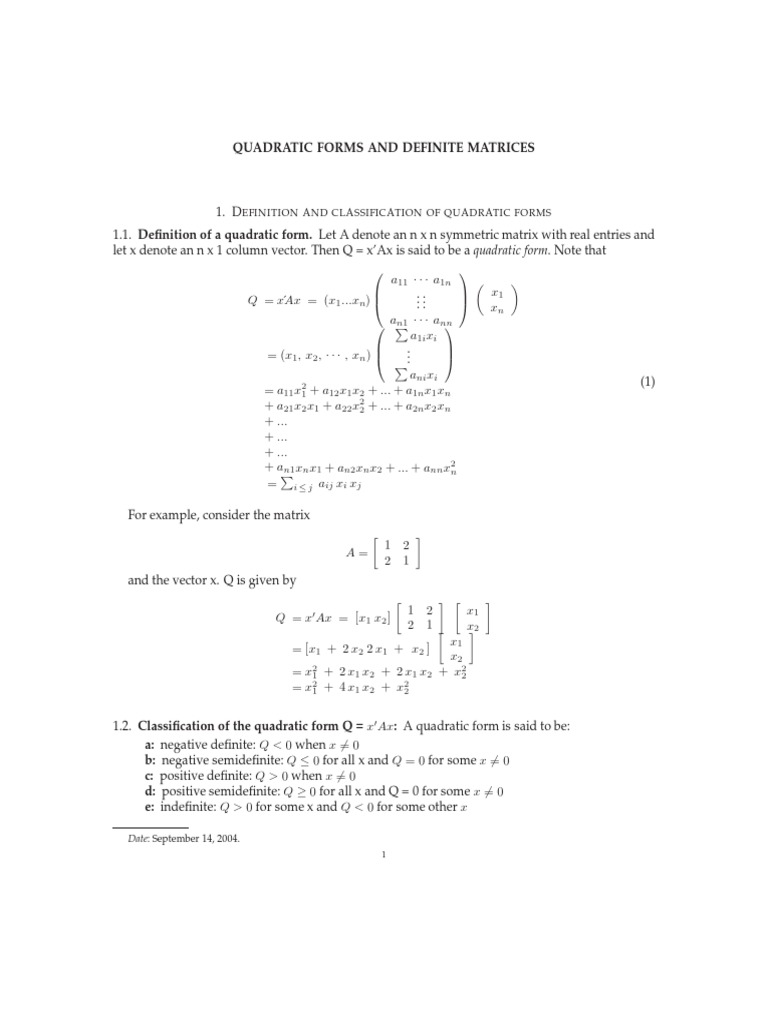 Quadratic Forms and Definite Matrices: Q X Ax (X ... X A X X A X | PDF | Eigenvalues And ...